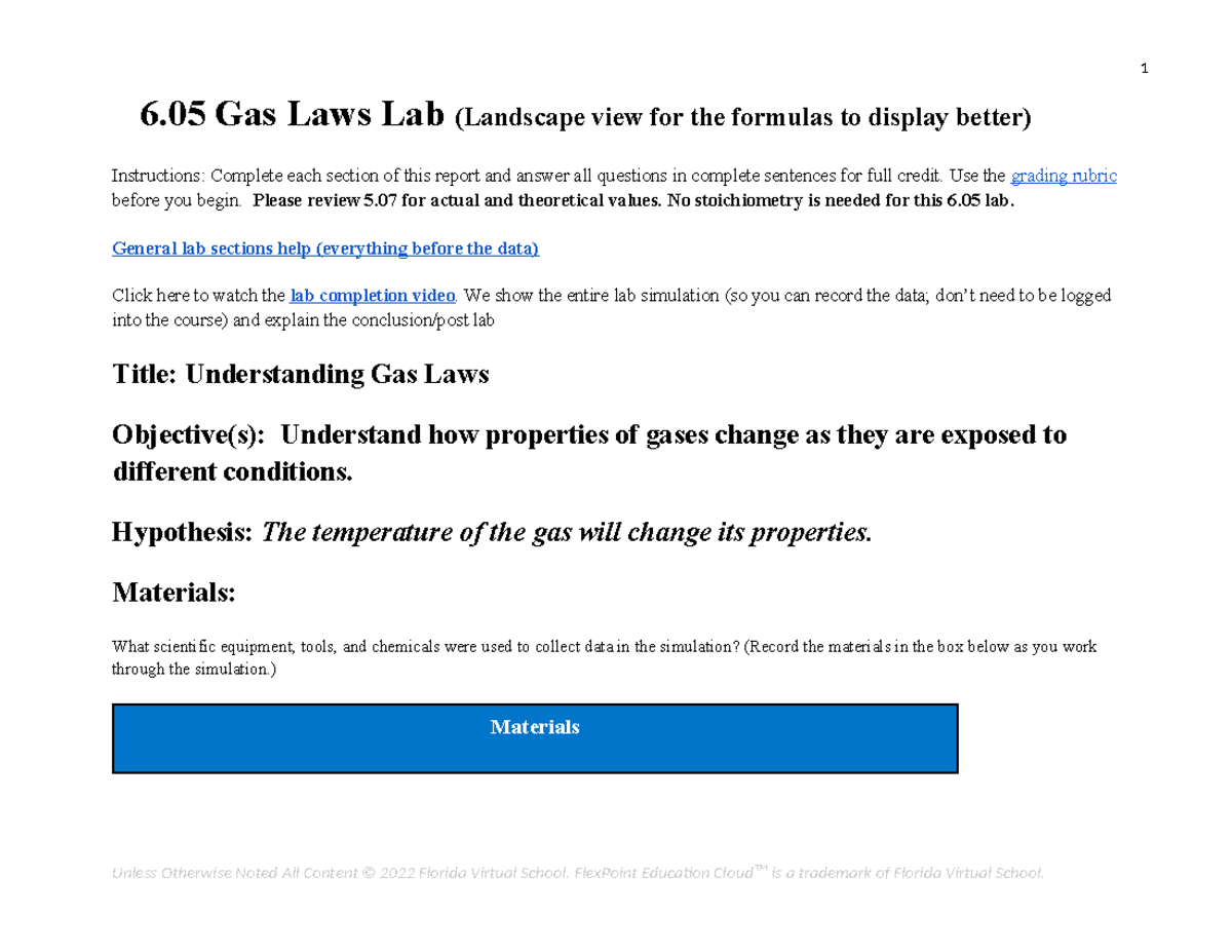 Copy of 6 - 6 Gas Laws Lab (Landscape view for the formulas to display ...