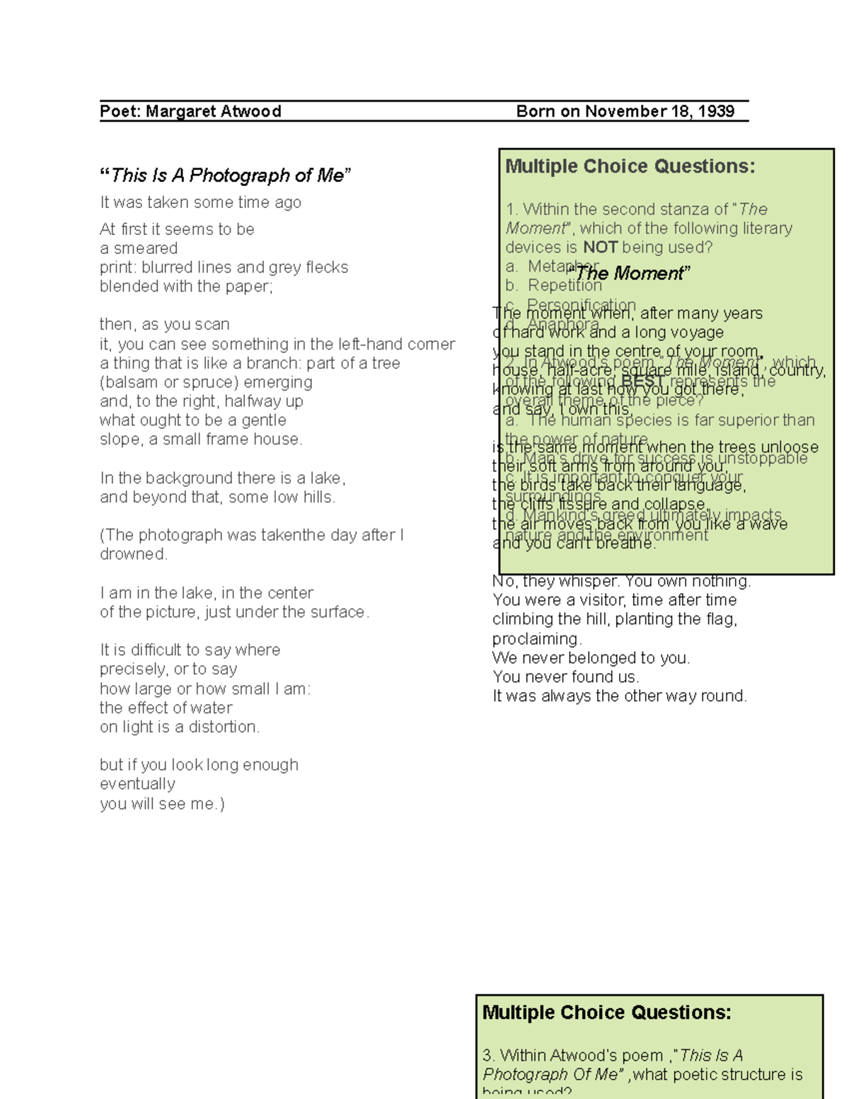 Poetry Project - Poet: Margaret Atwood Born on November 18, 1939 “ This ...
