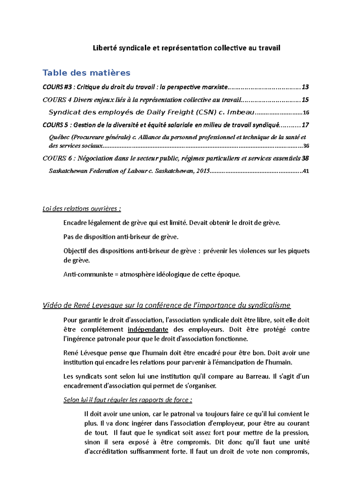 NOTE syndicat - note de cours - Liberté syndicale et représentation ...