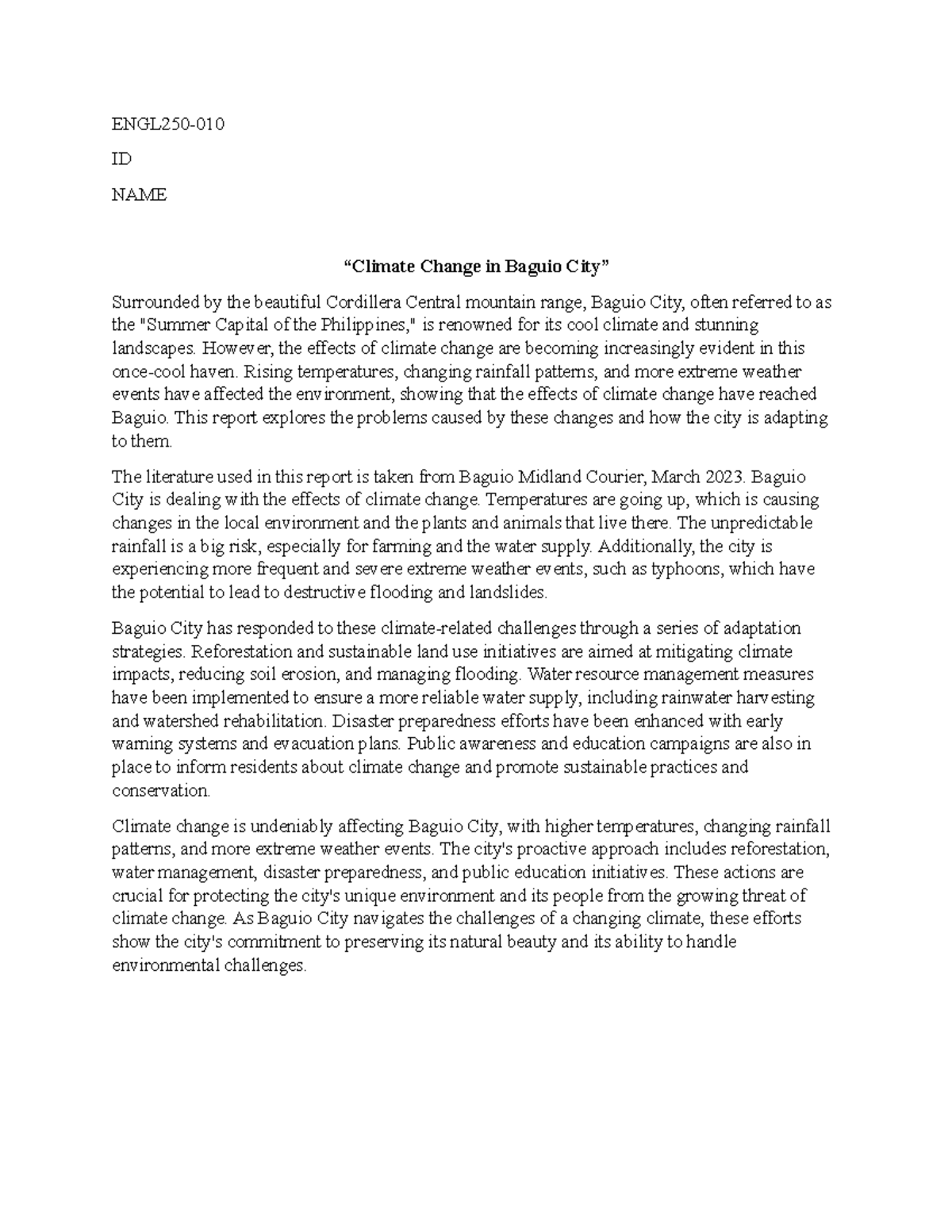 Short Report - Mandatory Assignment - ENGL250- ID NAME “Climate Change ...