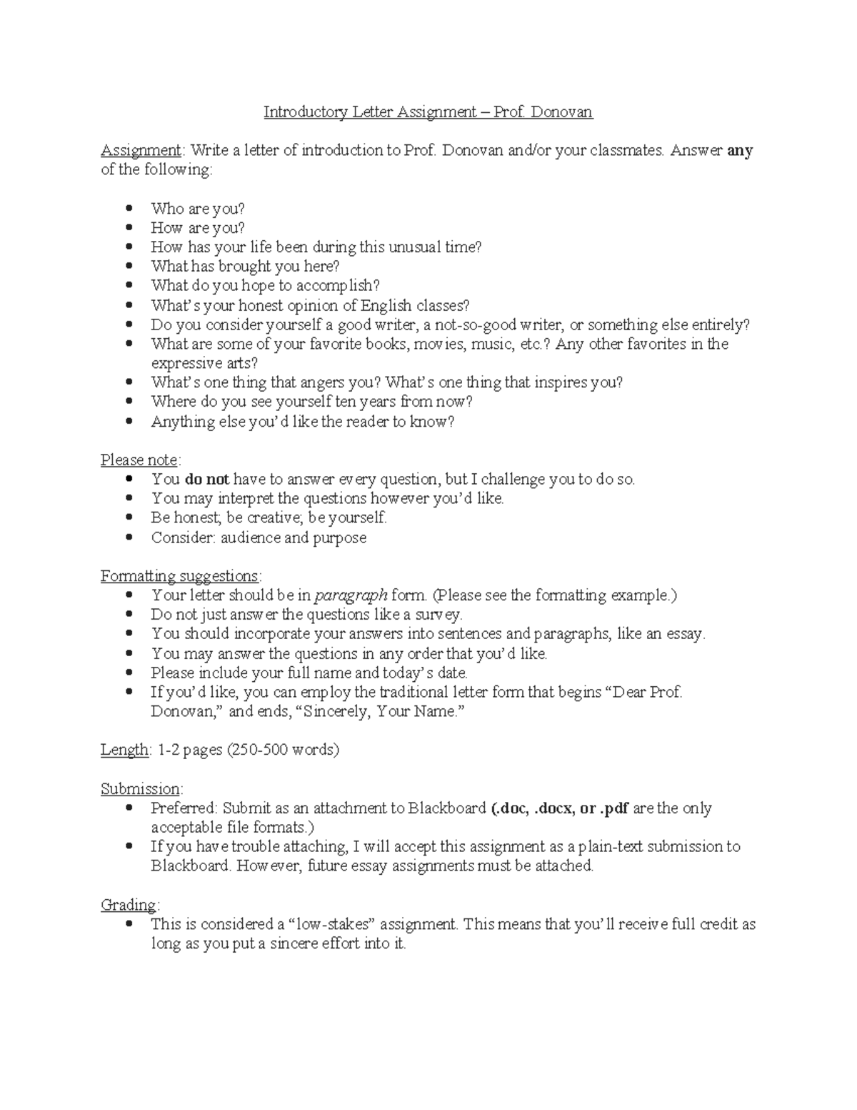 Introductory Letter Assignment - Donovan Assignment: Write a letter of ...