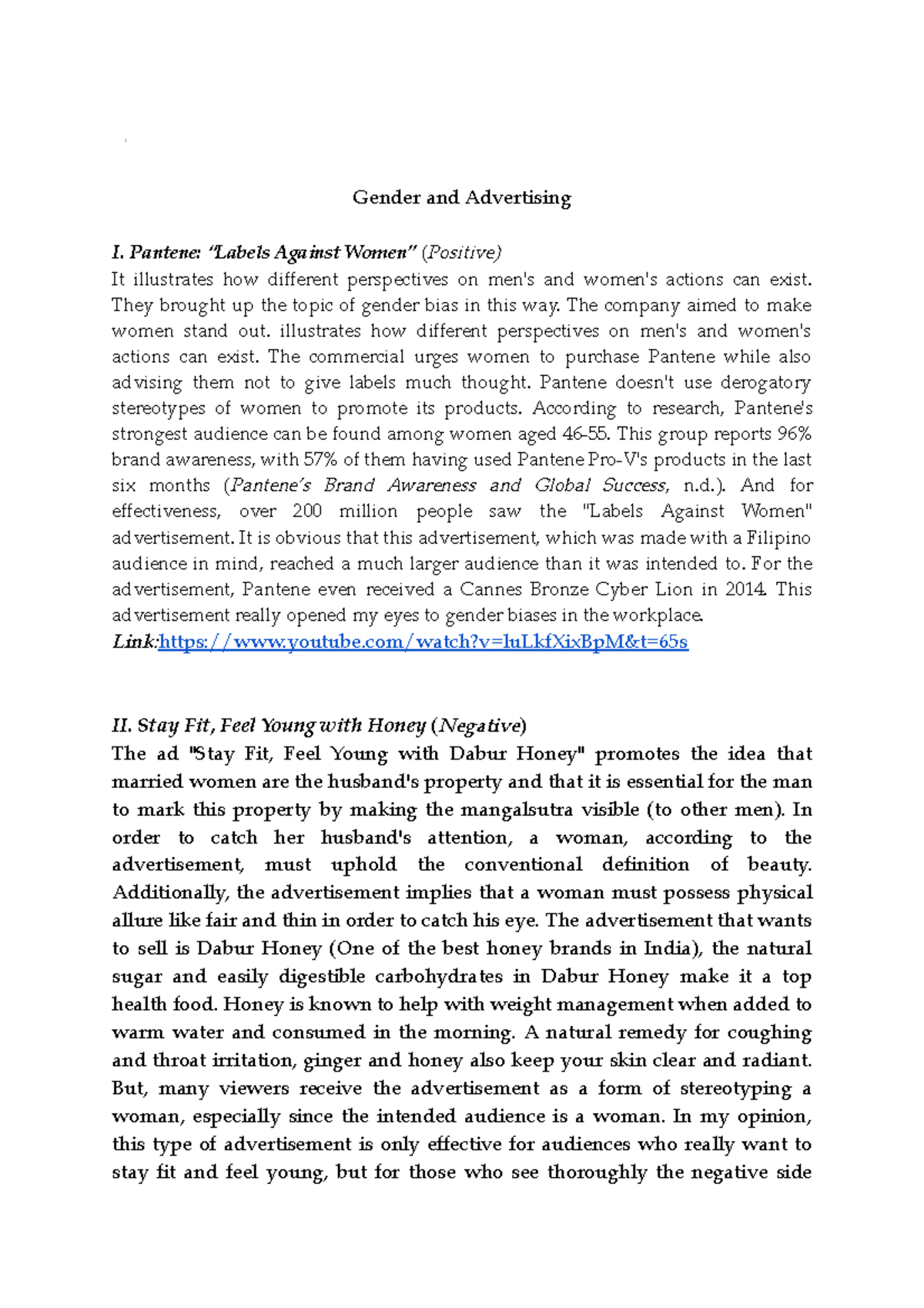 Gender and Advertising - Pantene: “Labels Against Women” ( Positive) It ...