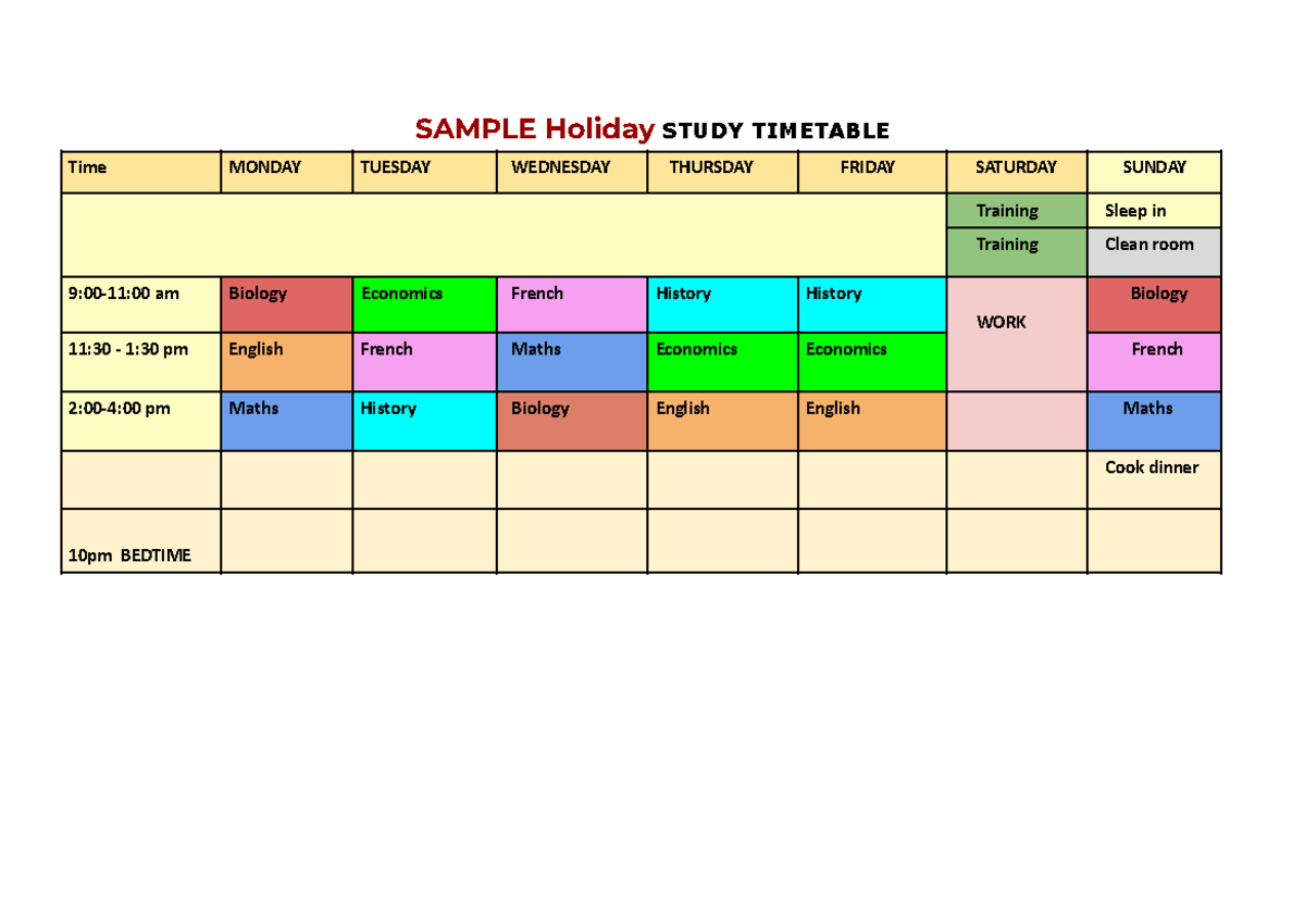 Holiday Study timetable - SAMPLE Holiday STUDY TIMETABLE Time MONDAY ...