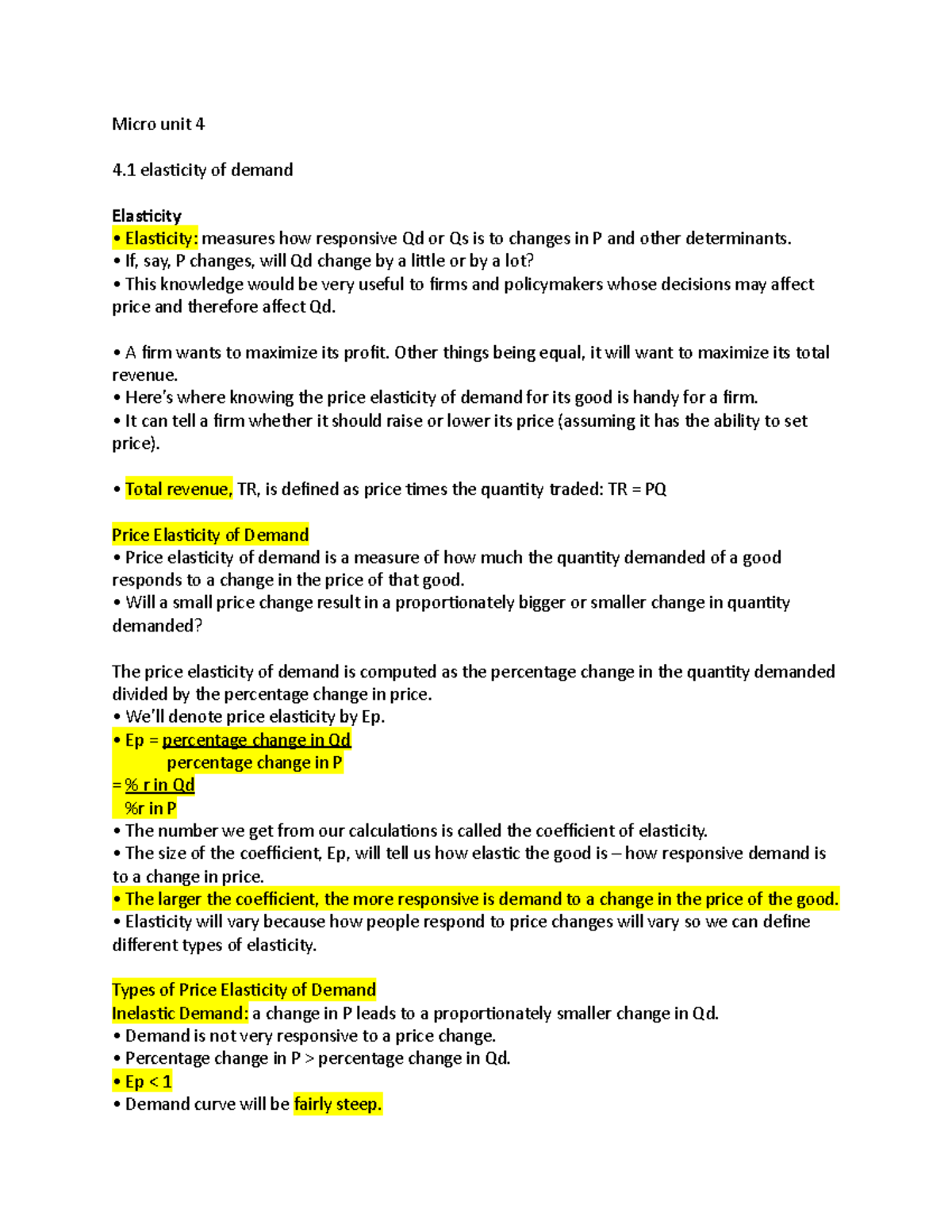 Micro unit 4 - unit 4 - Micro unit 4 4 elasticity of demand Elasticity Elasticity: measures how ...