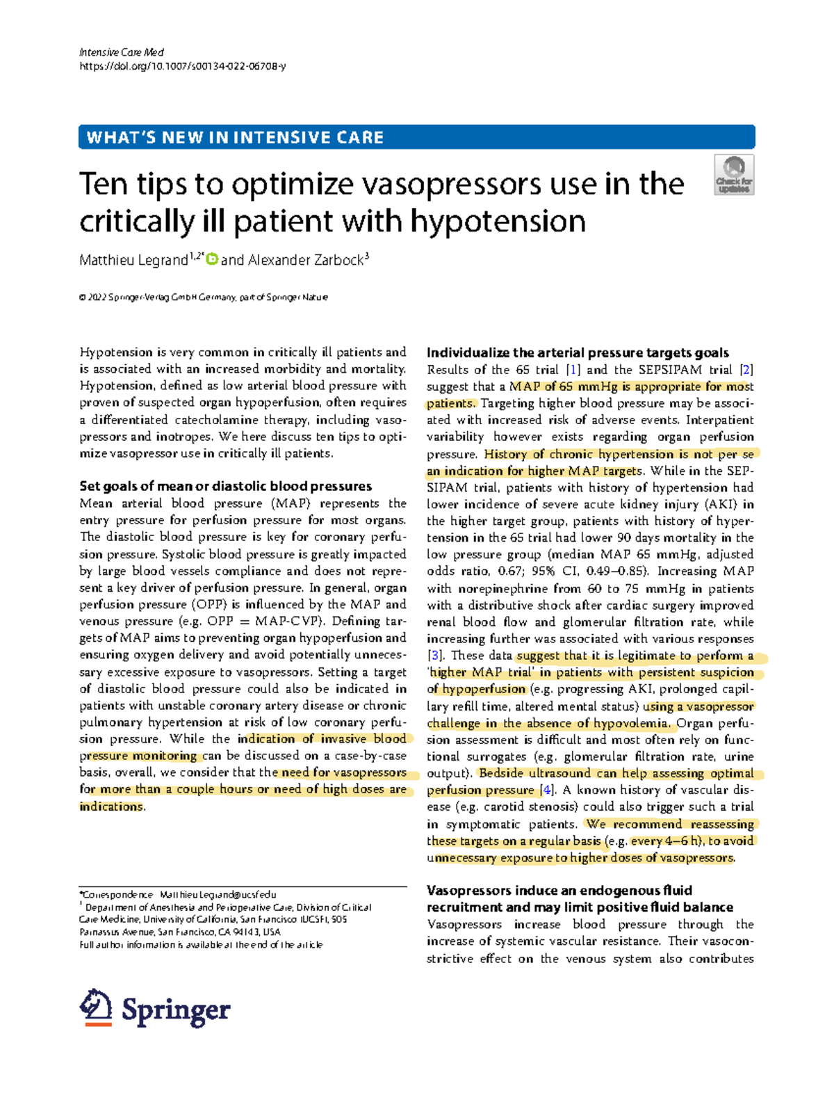 Vasopresores y Usos ICM 22 - Intensive Care Med doi/10.1007/s00134-022 ...