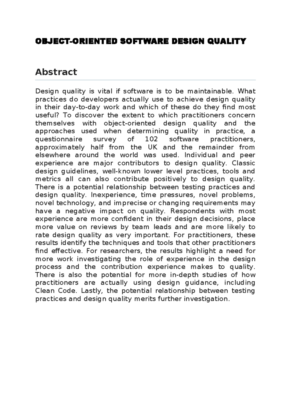 Object - good - OBJECT-ORIENTED SOFTWARE DESIGN QUALITY Abstract Design ...