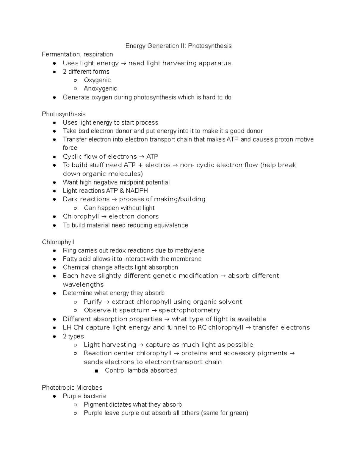 MIMG 101 Energy Generation II Photosynthesis - Energy Generation II ...
