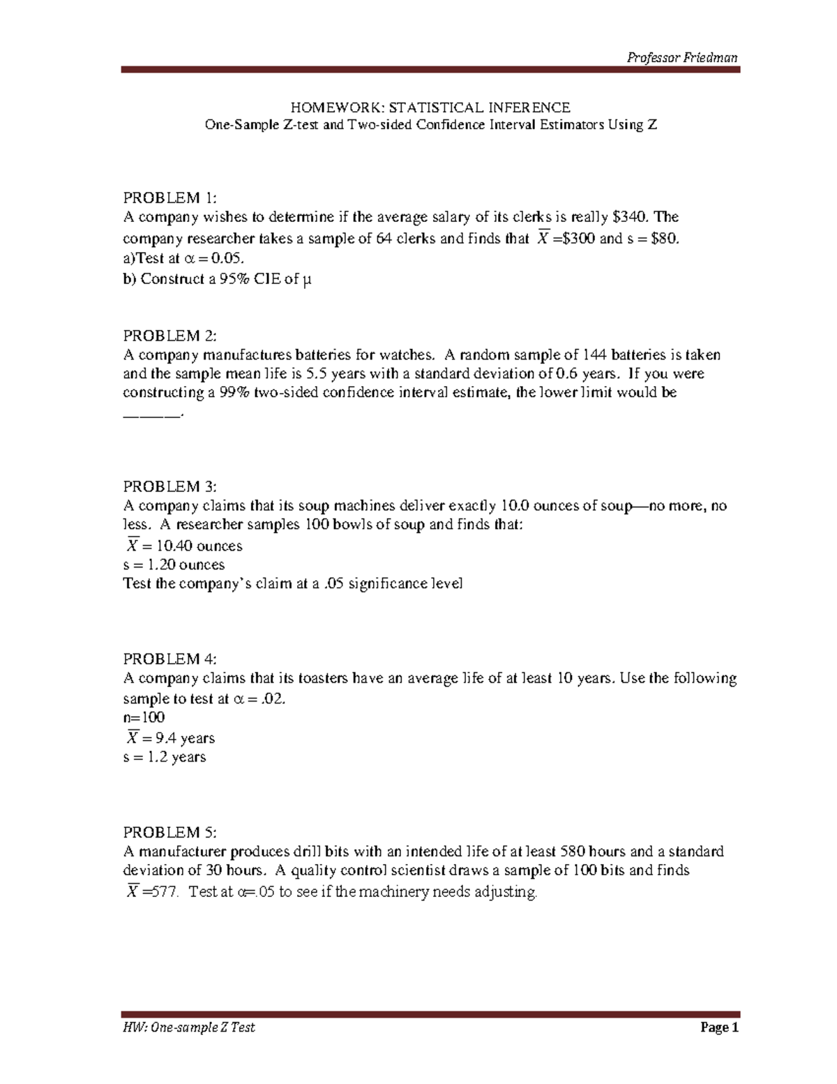 HWonesample z - HOMEWORK: STATISTICAL INFERENCE One-Sample Z-test and ...