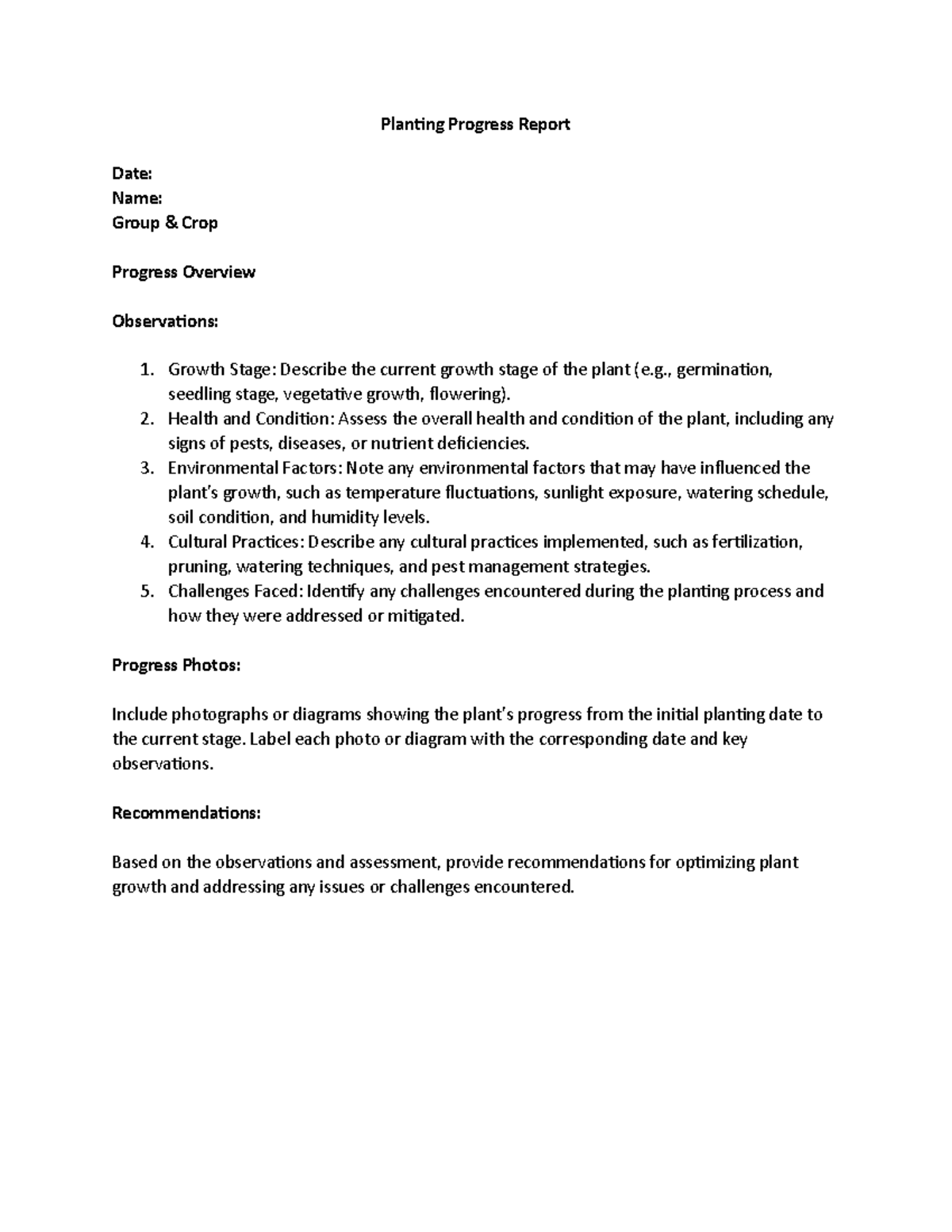 Planting Progress Report Crop Science I Lab - Planting Progress Report ...