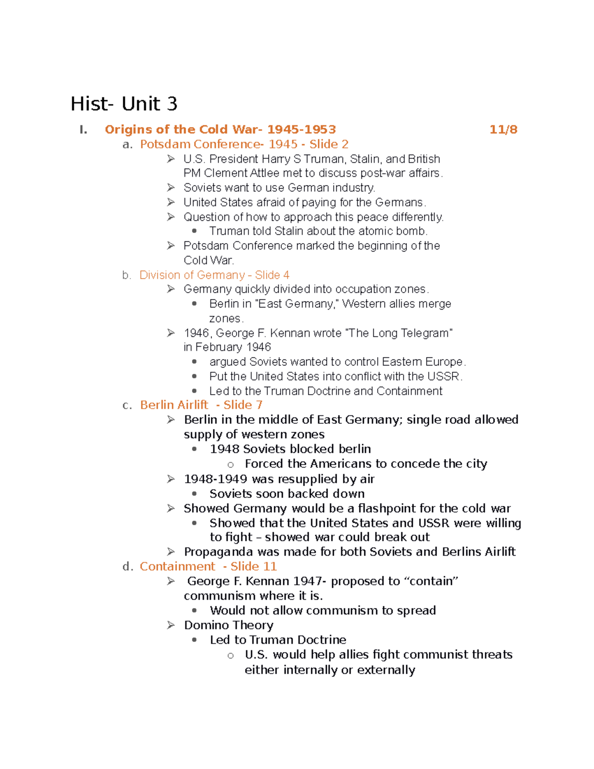 HIST Unit 3 Notes - Hist- Unit 3 I. Origins of the Cold War- 1945-1953 ...