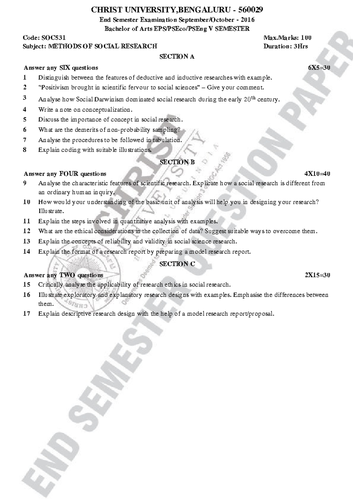 2016 - PAST PAPER - CHRIST UNIVERSITY,BENGALURU - 560029 End Semester ...