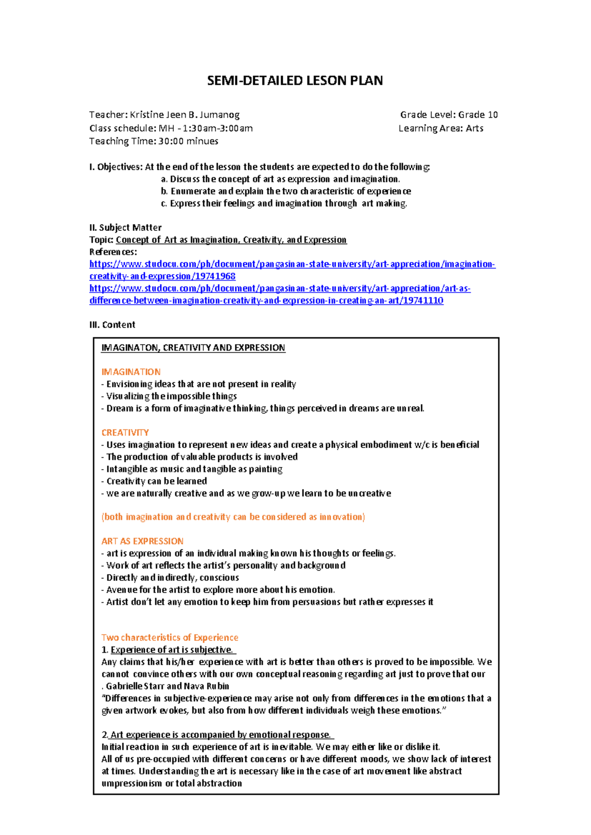 Lesson-plan - SEMI-DETAILED LESON PLAN Teacher: Kristine Jeen B ...
