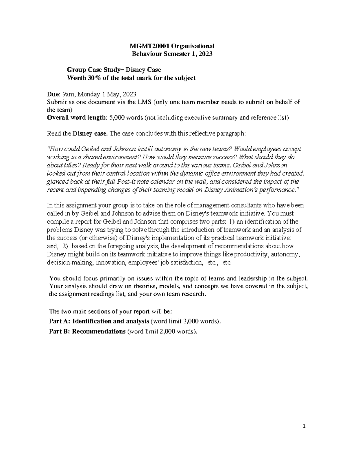 OB Group Case Study Report Instructions S1 2023-1 - MGMT20001 ...