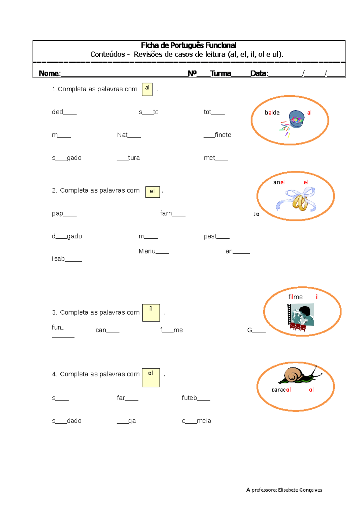 Fichas de casos de leitura - A professora: Elisabete Gonçalves al balde ...