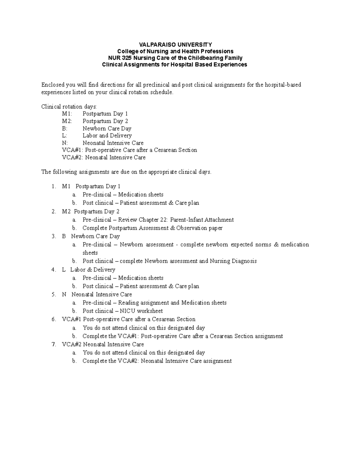 Hospital Assignments List - VALPARAISO UNIVERSITY College of Nursing ...