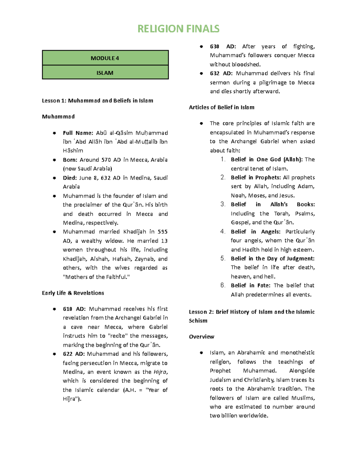 Religion notes - MODULE 4 ISLAM Lesson 1: Muhammad and Beliefs in Islam ...