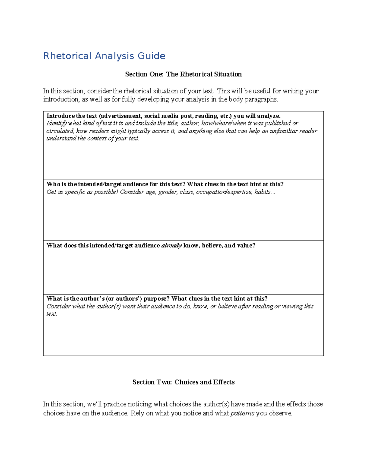 Rhetorical Analysis Guide Rhetorical Analysis Guide Section One The