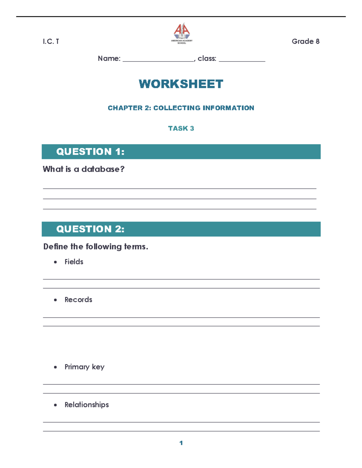 Worksheet Database relationships - I. T Grade 8 Name ...