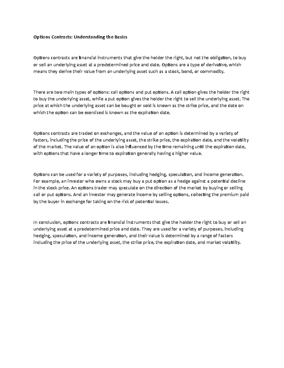 Options Contracts Understanding the Basics - Options are a type of ...