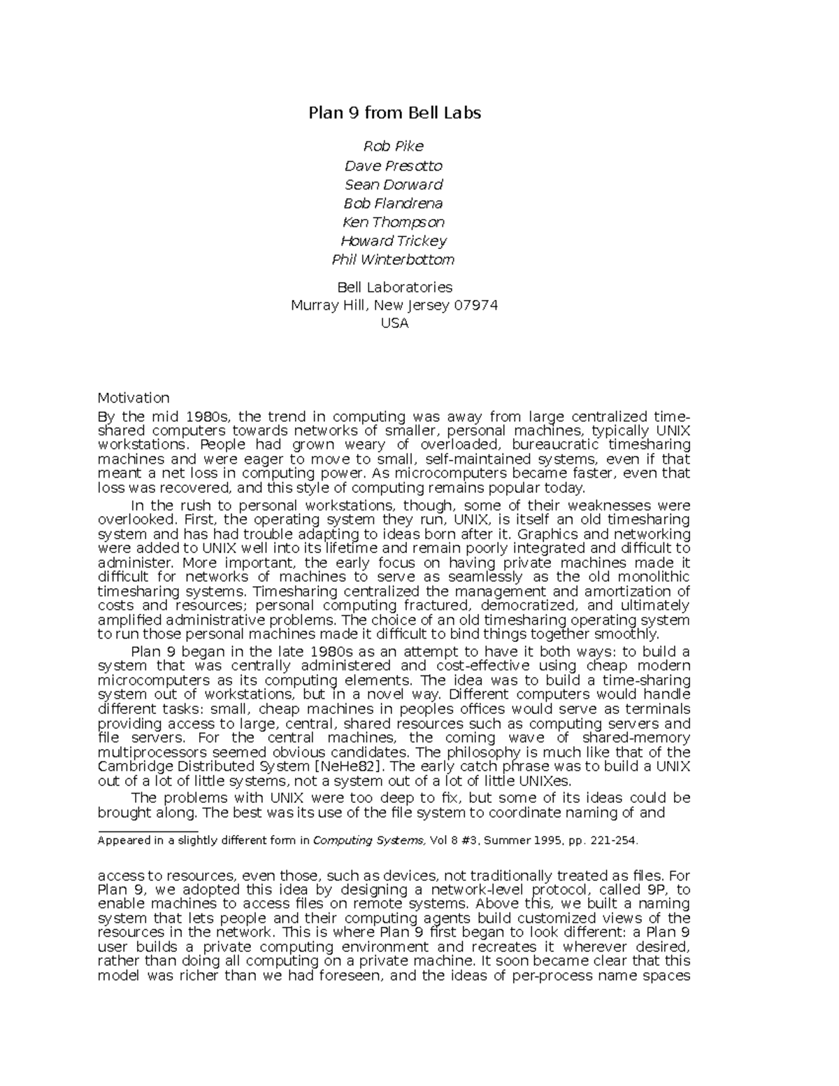 Planificadores 9 - Plan 9 from Bell Labs Rob Pike Dave Presotto Sean ...