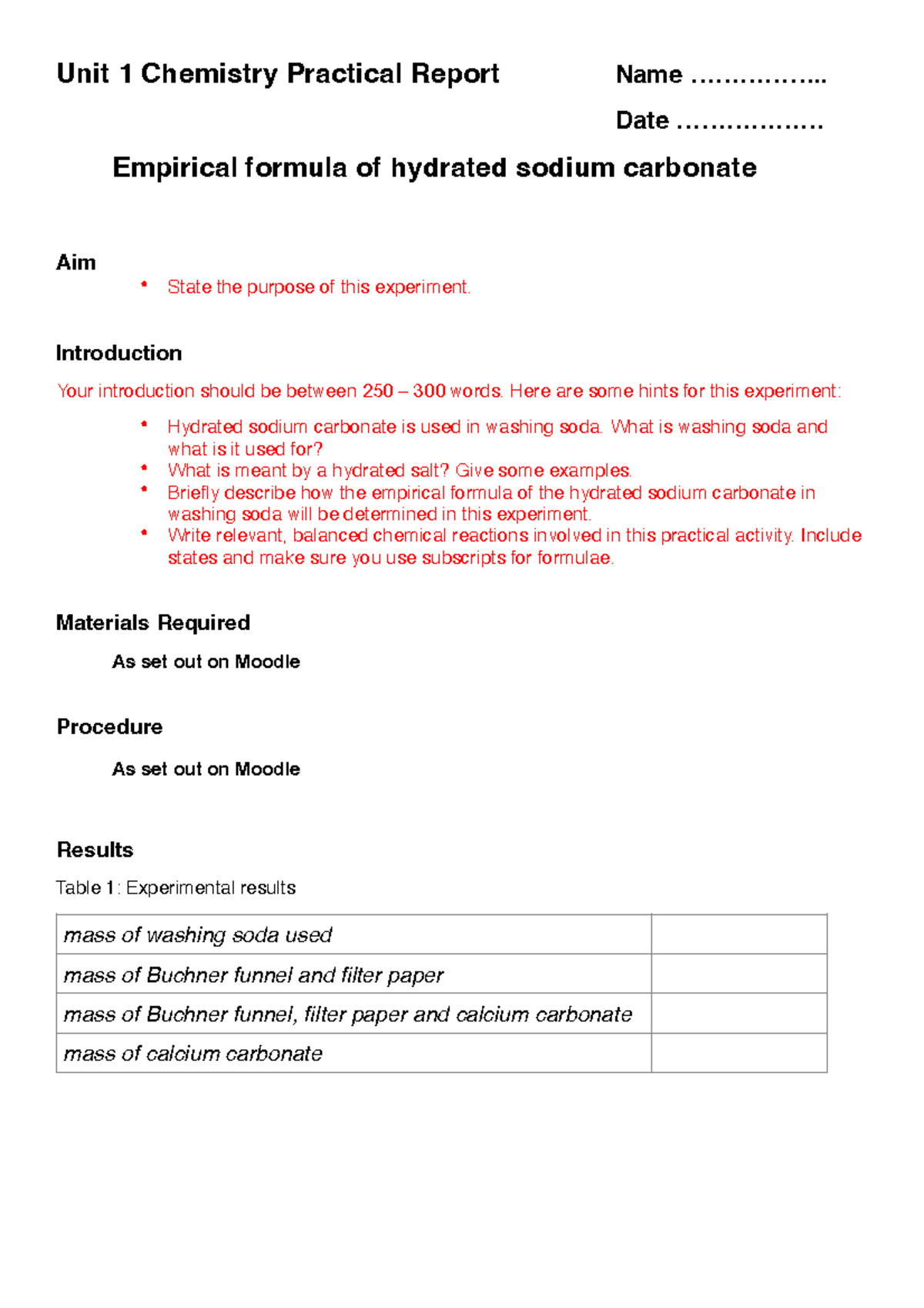 Empirical formula of Washing Soda Report Template - Unit 1 Chemistry ...