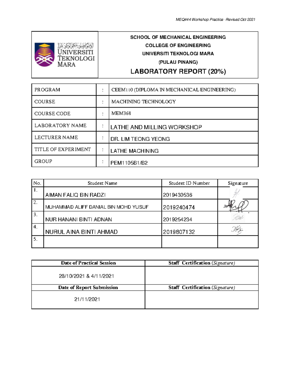 ( Example) LAB Report of Lathe MEM368 - MEQ444 Workshop Practice ...