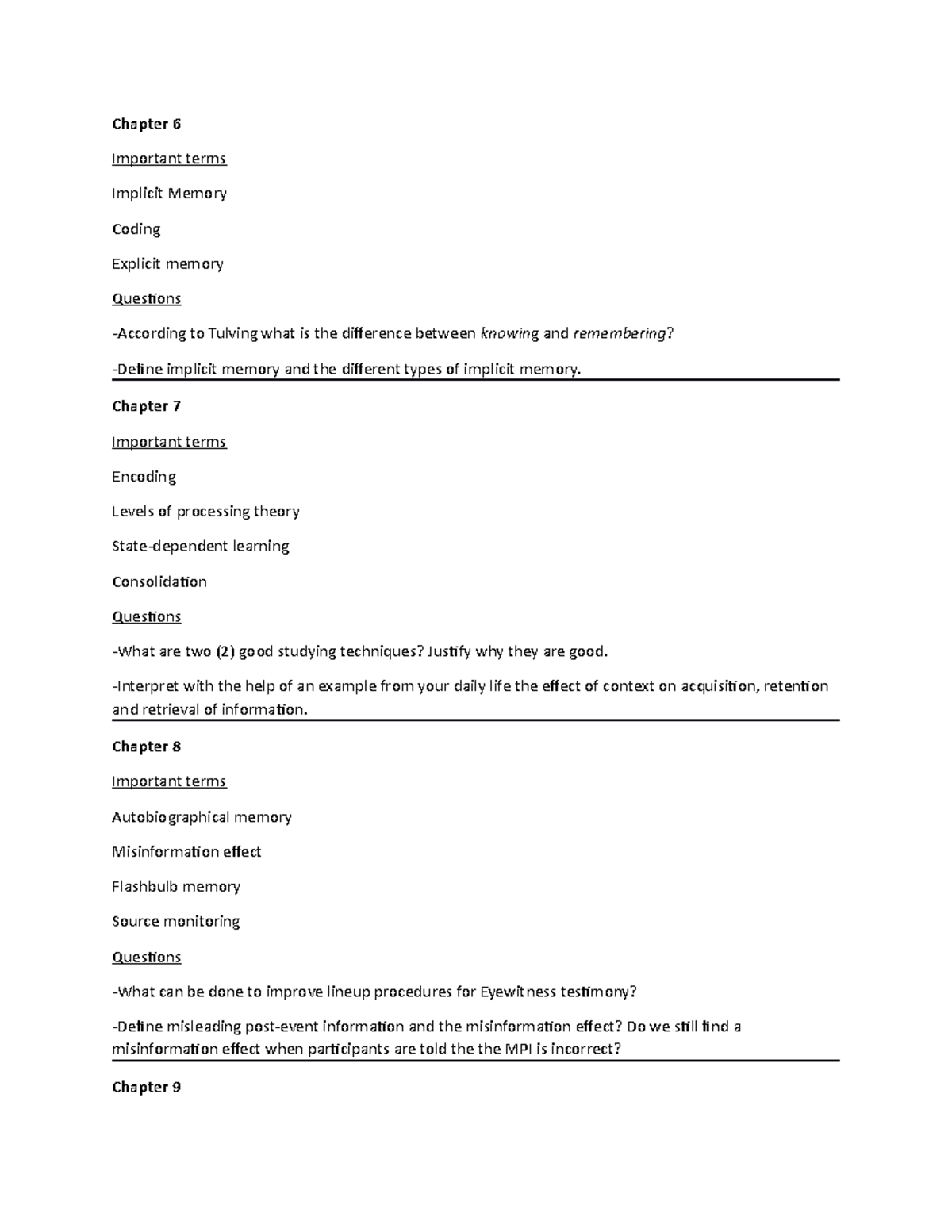 Midterm II Review - Chapter 6 Important terms Implicit Memory Coding Explicit memory Questions ...