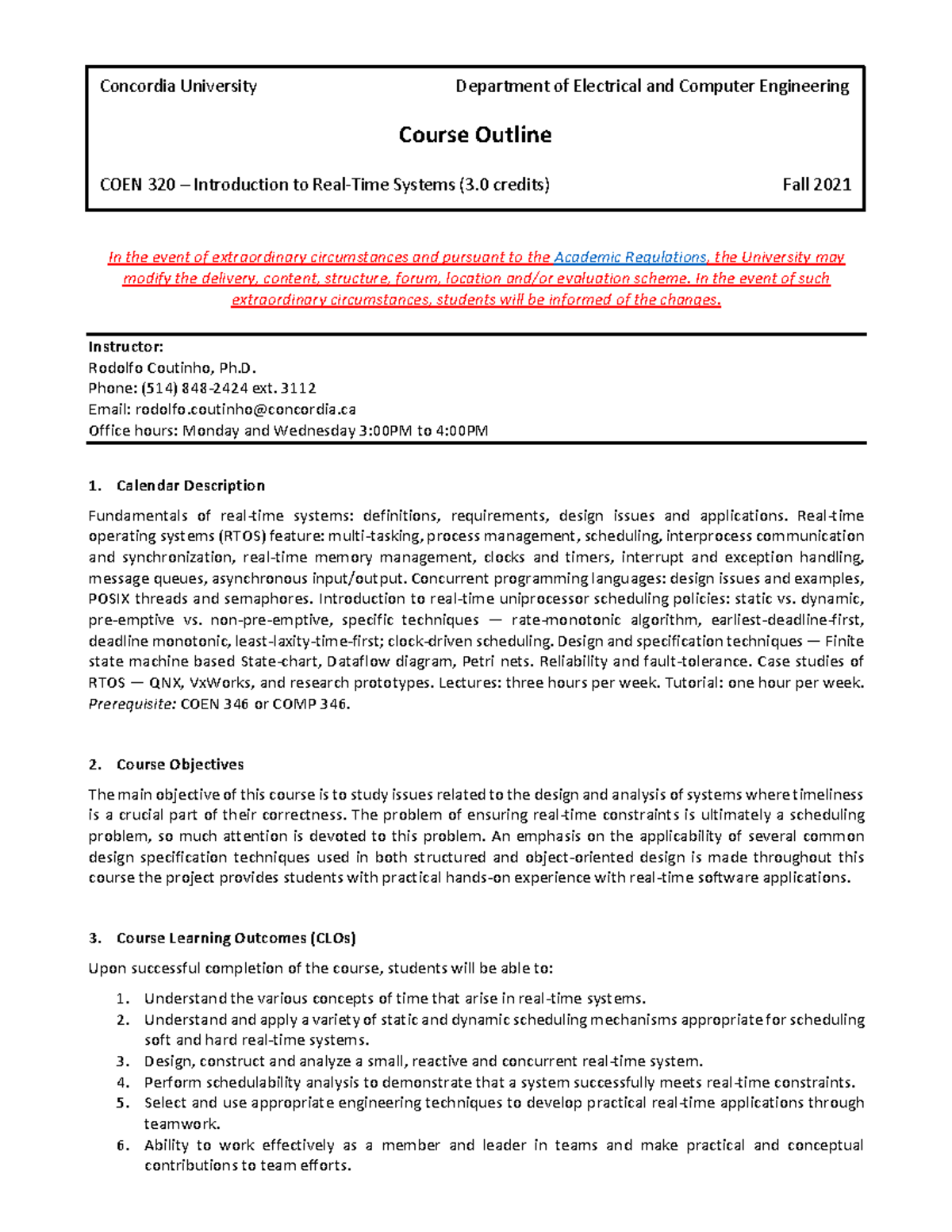 COEN-320 Course Outline - In the event of extraordinary circumstances ...