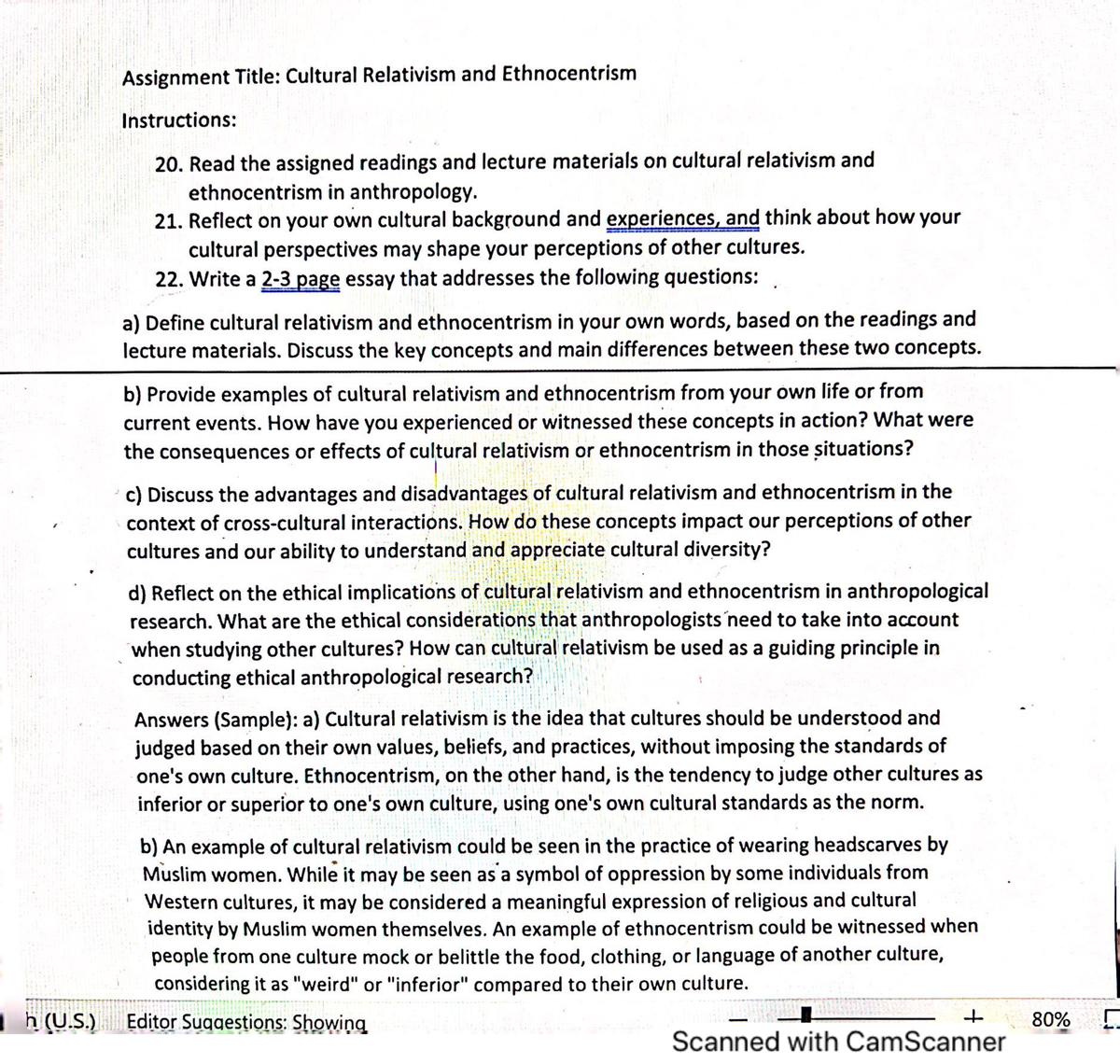 Hw Cultural Relativism and Ethnocentrism - Read the assigned readings ...