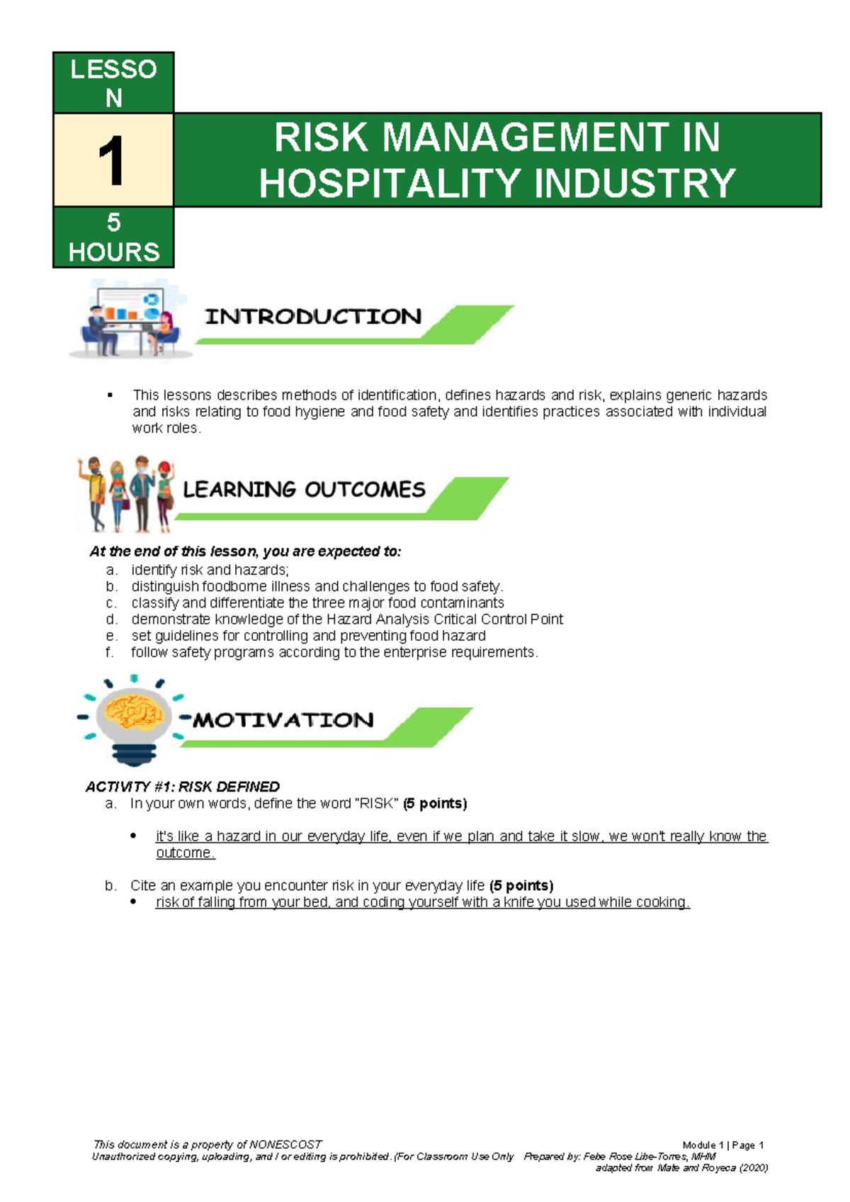 Arianne Jae Coniendo Risk Management Activity - This lessons describes ...