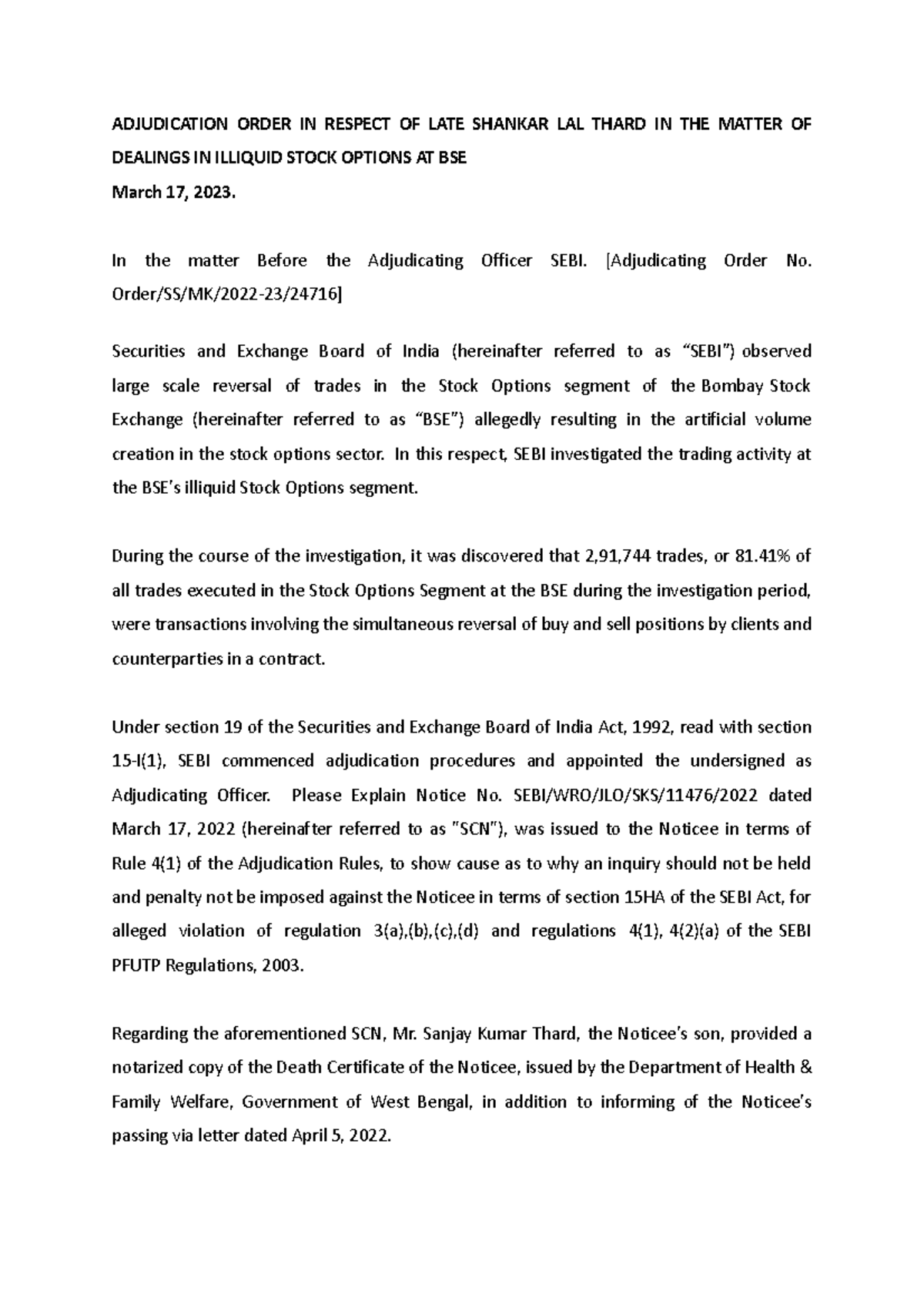 Sebi adjudication order - ADJUDICATION ORDER IN RESPECT OF LATE SHANKAR ...