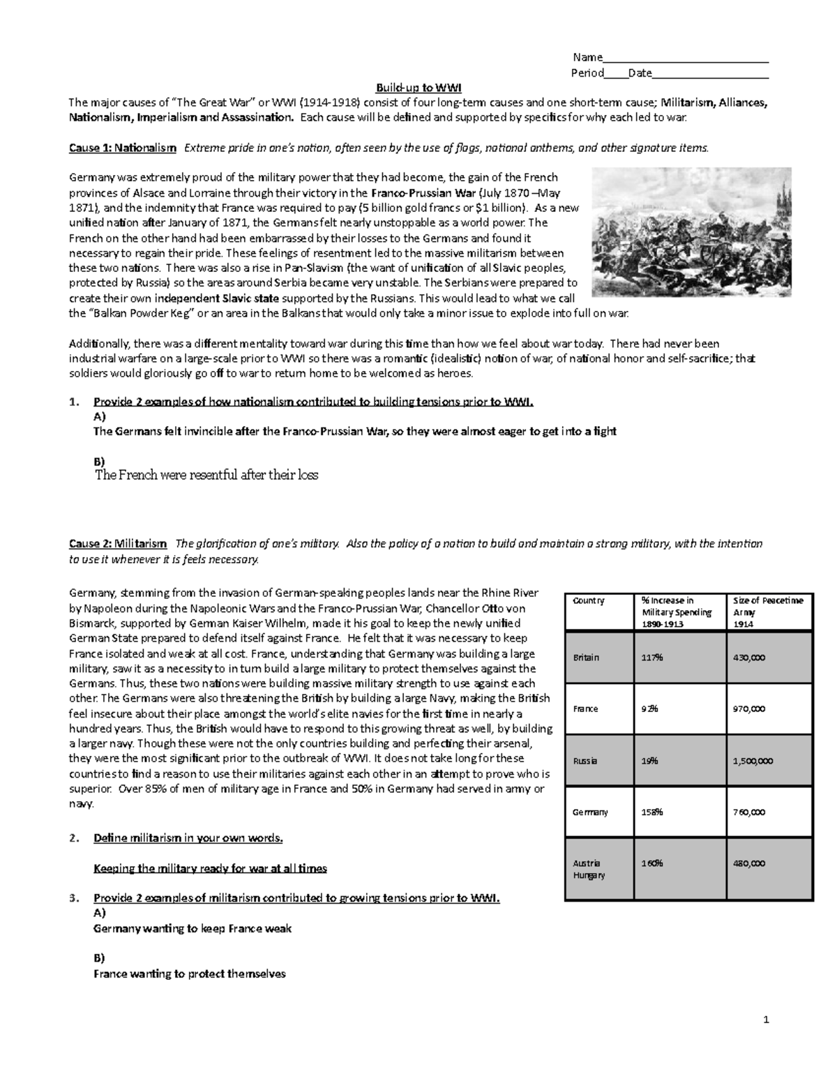 Causes of WWI assignment - Name___________________________ Period ...