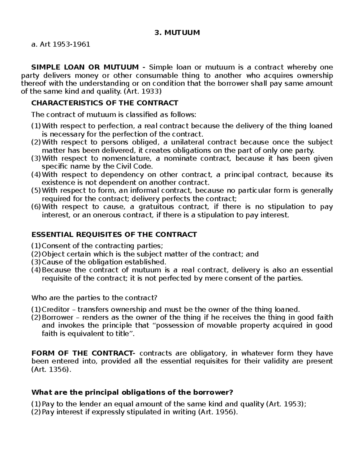 Credit Notes- Mutuum - 3. MUTUUM a. Art 1953- SIMPLE LOAN OR MUTUUM ...