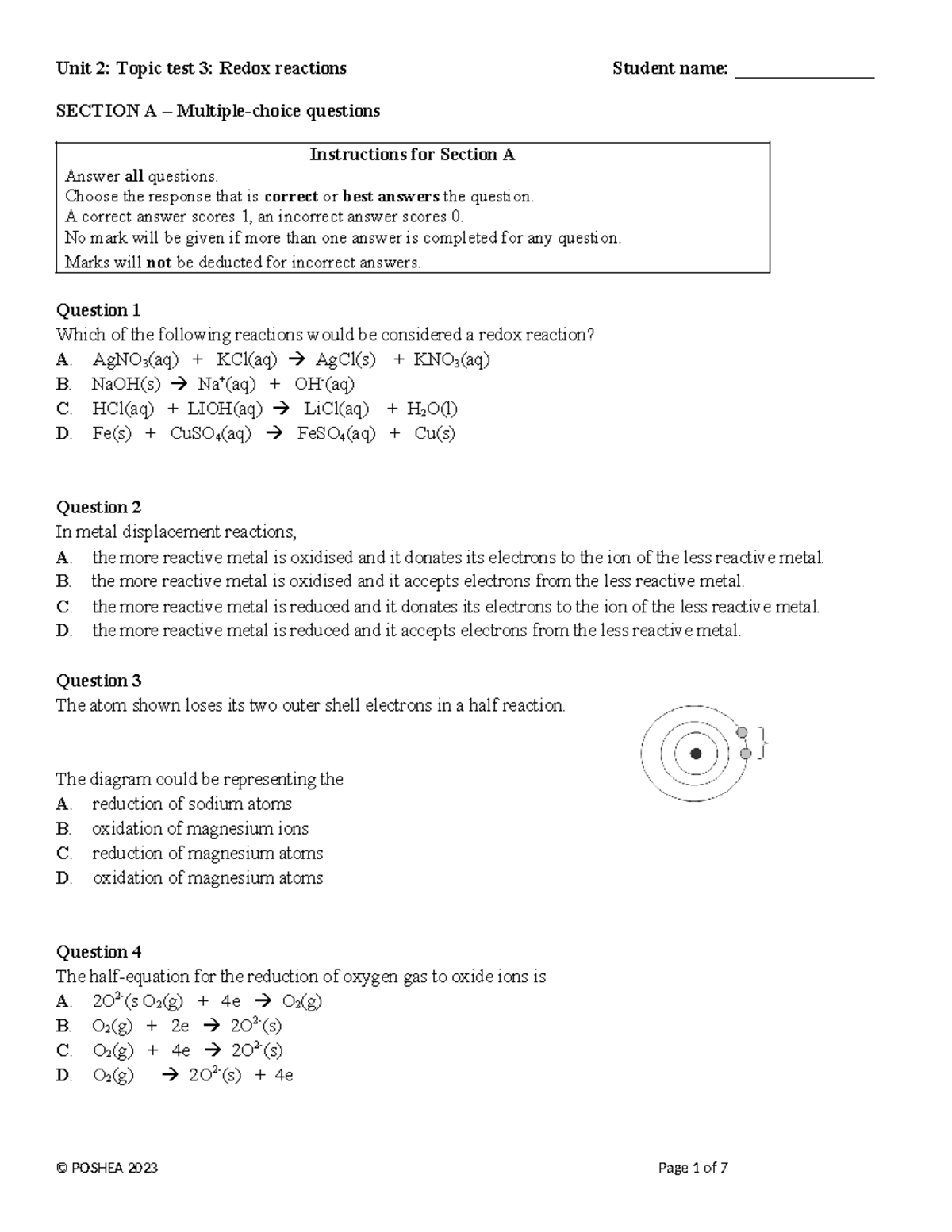 Unit 2 tt3 redox reactions - Unit 2: Topic test 3: Redox reactions ...