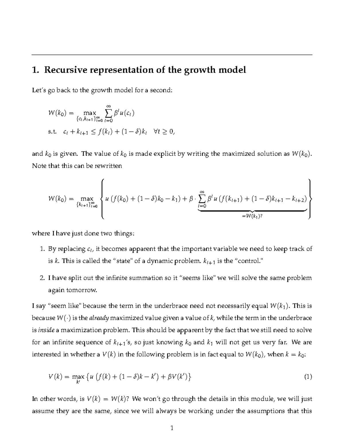 Lecture 4 notes - 1. Recursive representation of the growth model Let’s ...