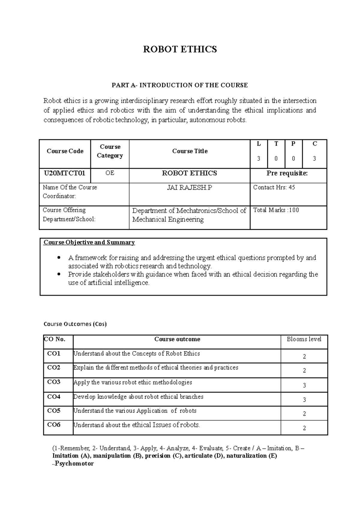Syllabus Robo ethics - ROBOT ETHICS PART A- INTRODUCTION OF THE COURSE ...