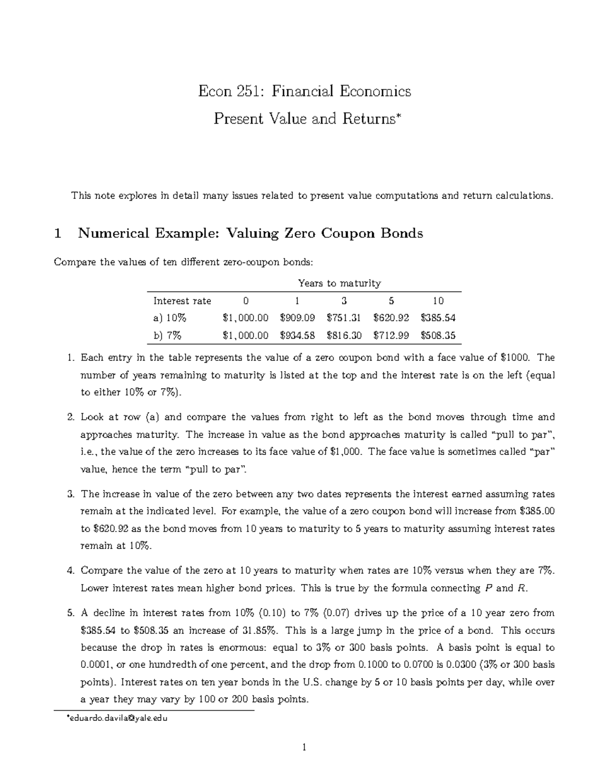handout-present value returns - Econ 251: Financial Economics Present ...