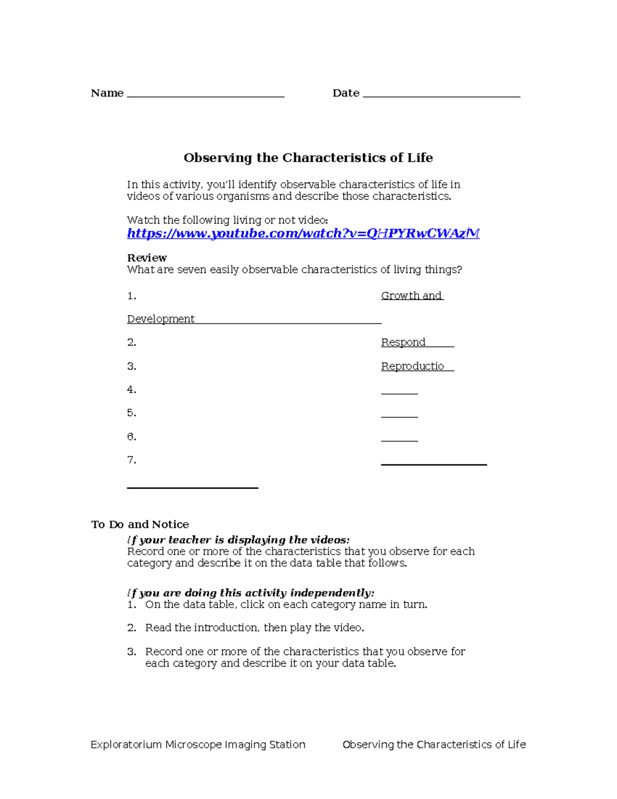 Characteristics of living things - Name Date Observing the ...