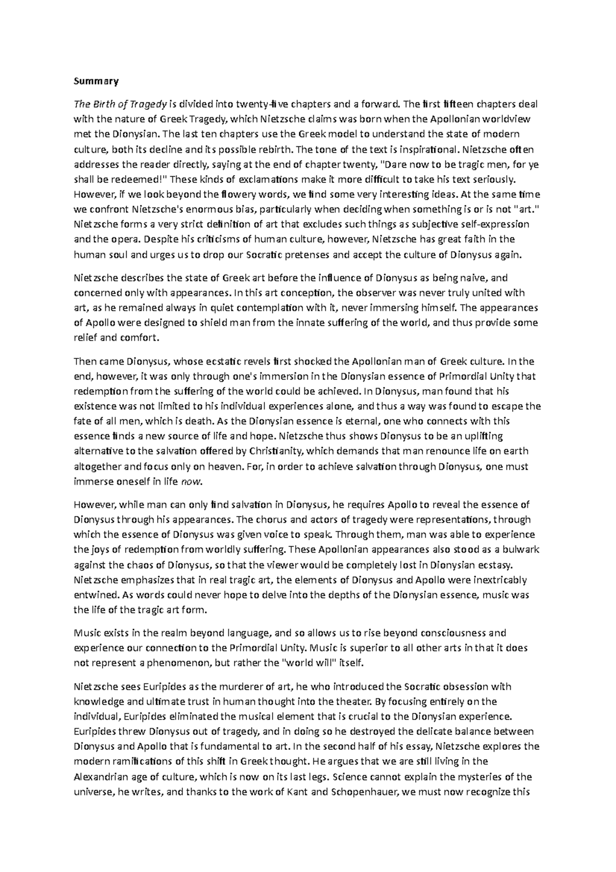 The Birth of Tragedy -Friedrich Nietzsche summary - Summary The Birth ...