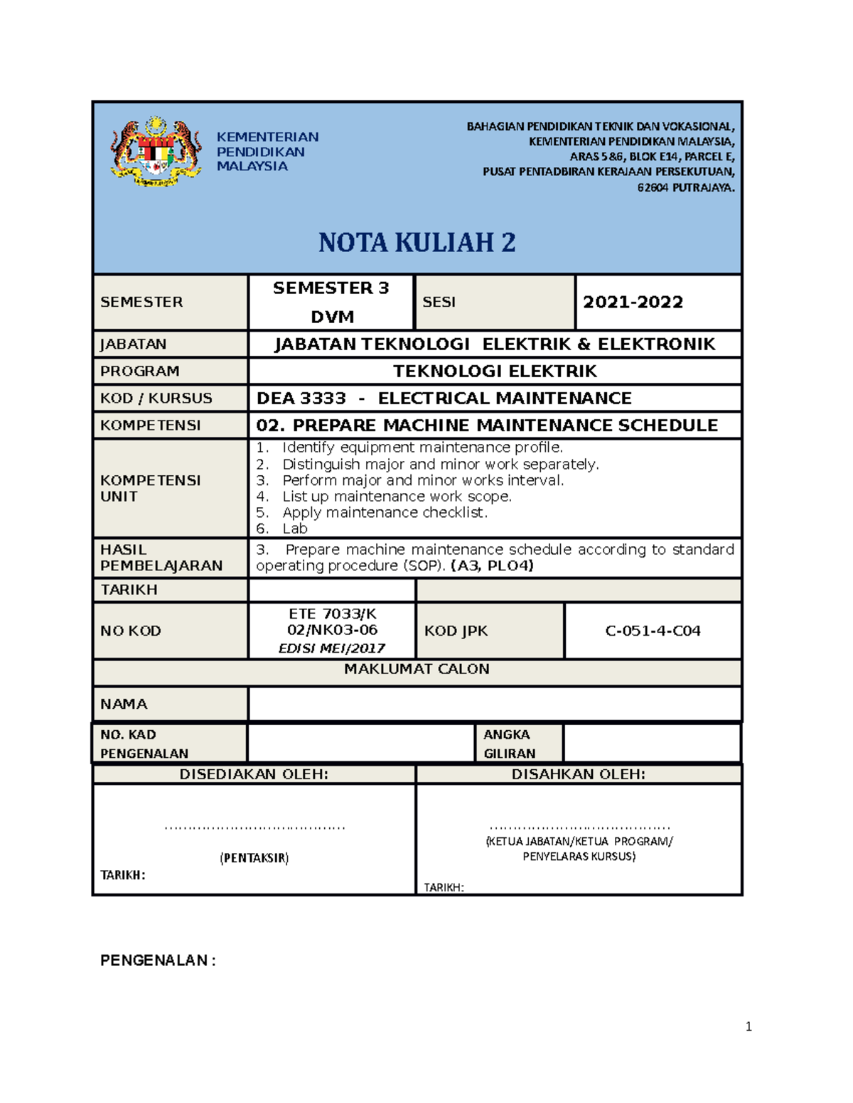 ETE 7033 K2 NOTA Kuliah 2 - KEMENTERIAN PENDIDIKAN MALAYSIA BAHAGIAN PENDIDIKAN TEKNIK DAN - Studocu
