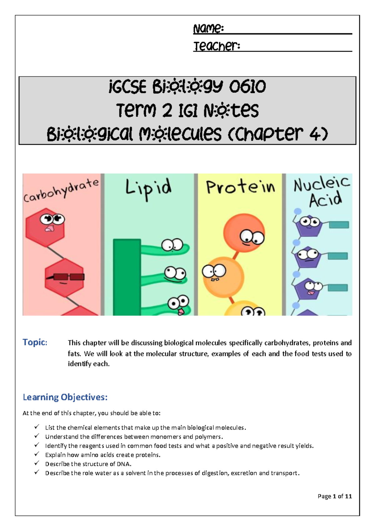 4 Biological Molecules Igcse Chapter 4 Name Teacher Igcse Biology 0610 Term 2 Ig1 Notes