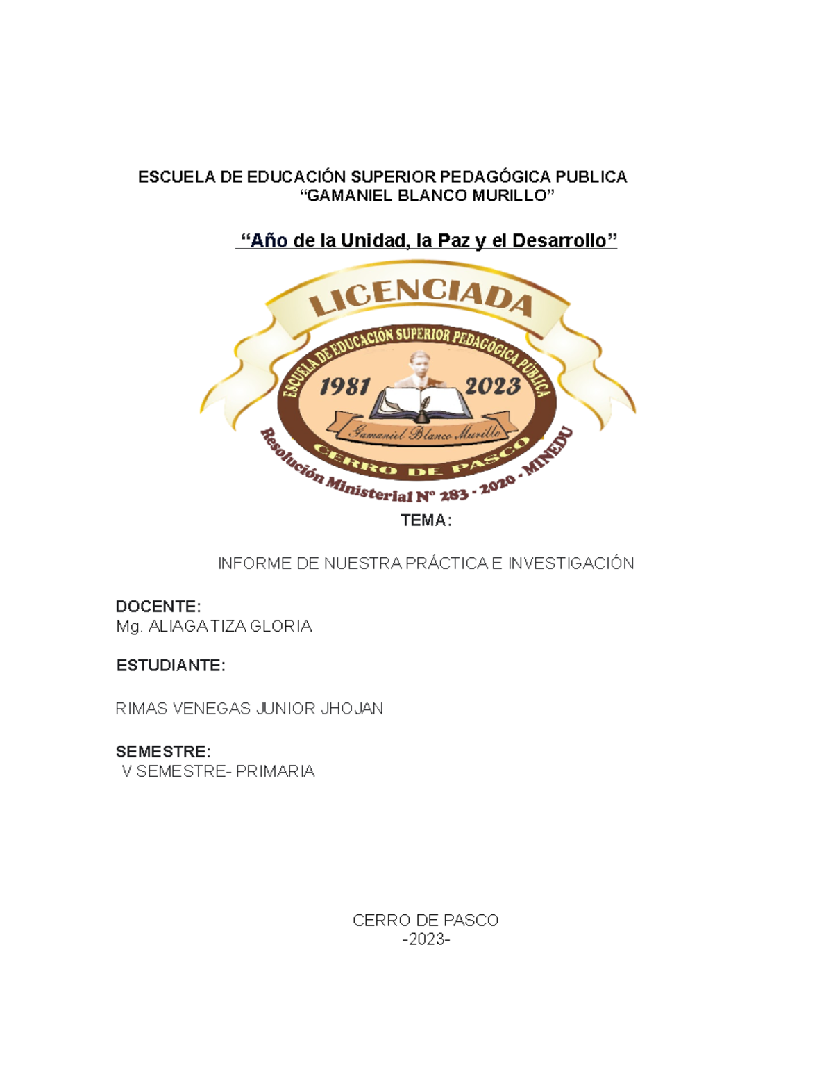 Informe DE Práctica Hunior) - ESCUELA DE EDUCACIÓN SUPERIOR PEDAGÓGICA PUBLICA “GAMANIEL BLANCO ...