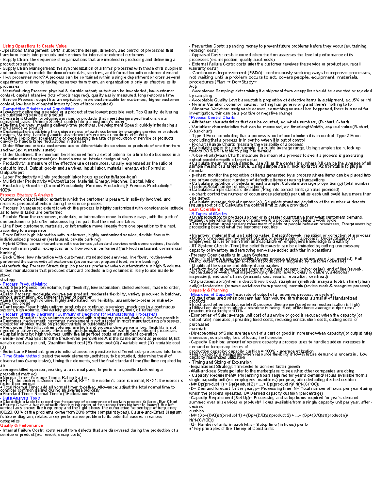 Opm cheat sheet - Using Operations to Create Value -Operations Management: OPM is about the ...