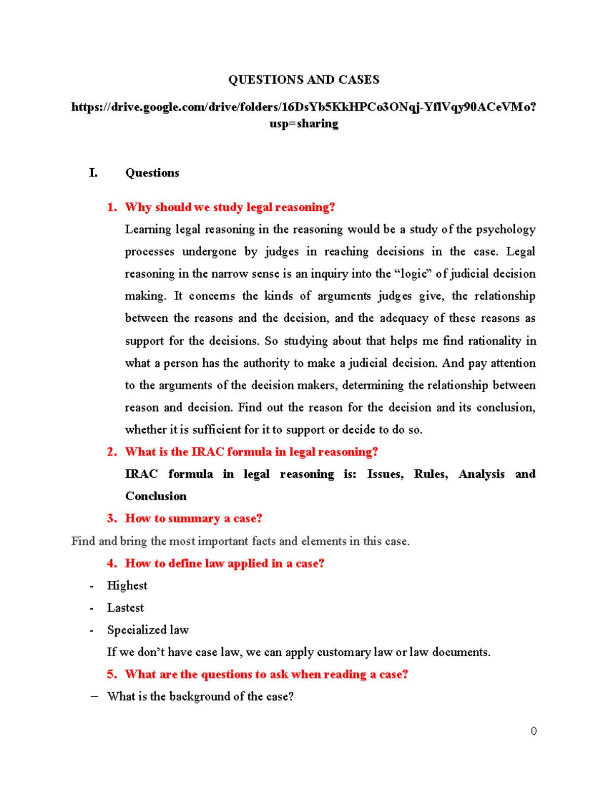 Ôn tập Legal Reasoning - QUESTIONS AND CASES - Studocu