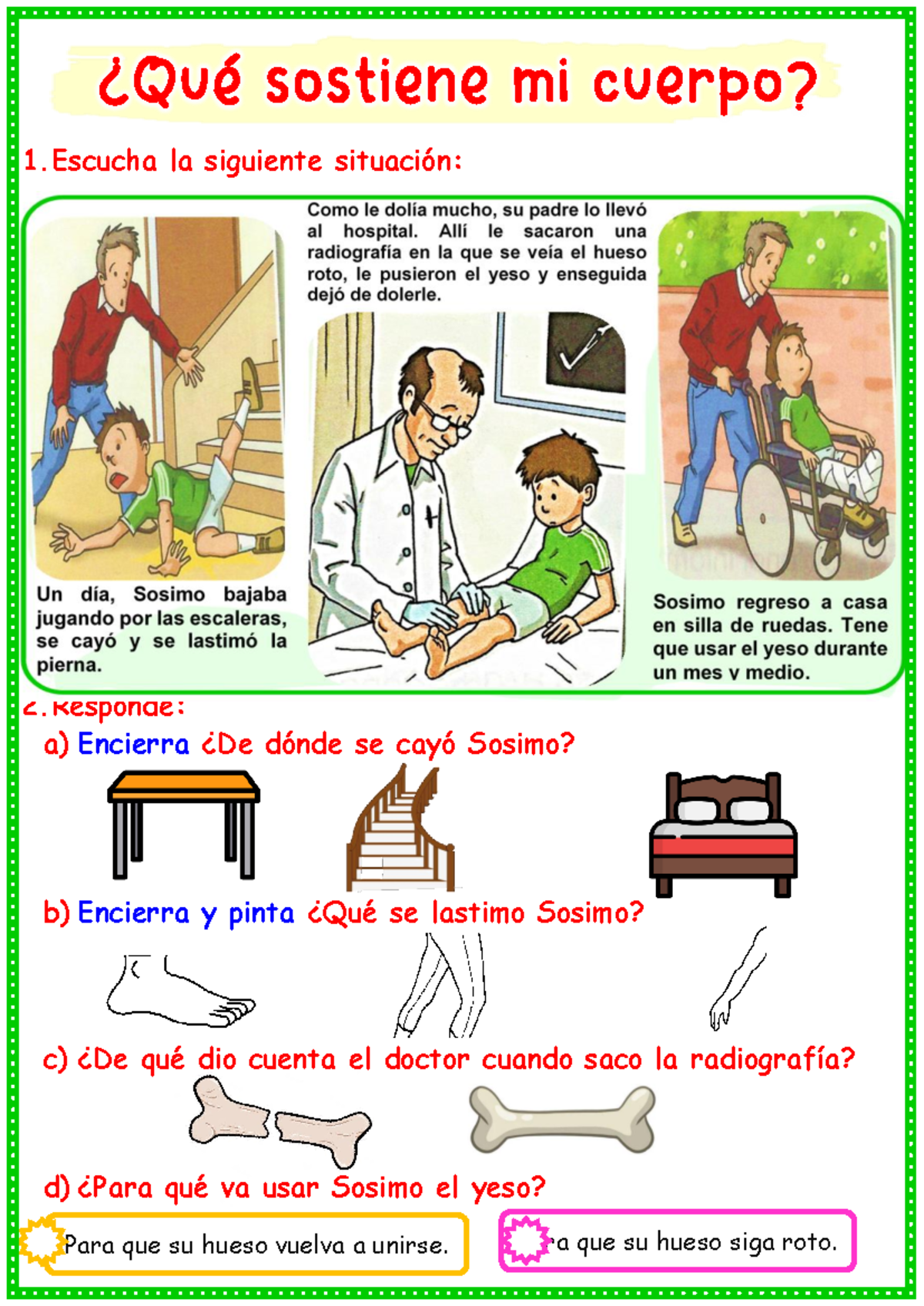 Ficha QUÉ Sostiene MI Cuerpo - 1 la siguiente situación: 2: a) Encierra ¿De dónde se cayó Sosimo ...
