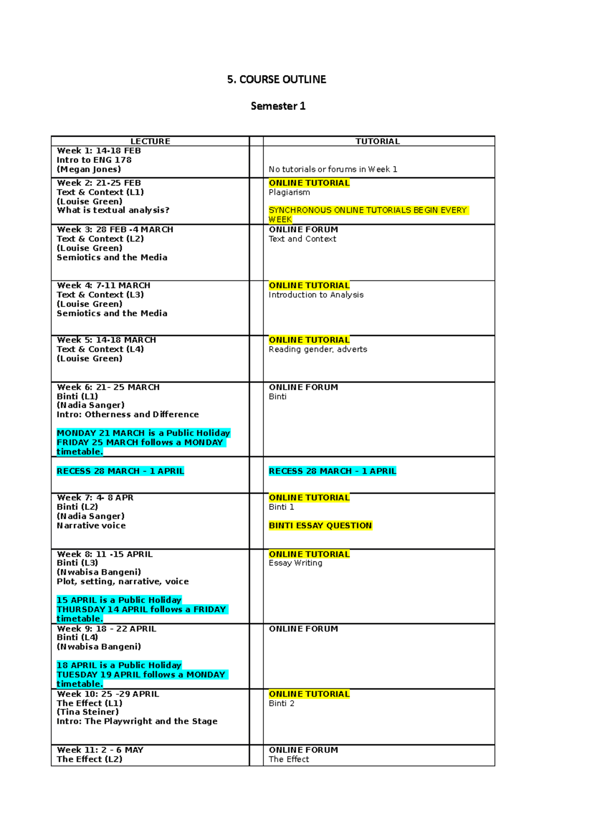 178 2022 Timetable - ...................... - 5. COURSE OUTLINE Semester 1 LECTURE TUTORIAL Week ...