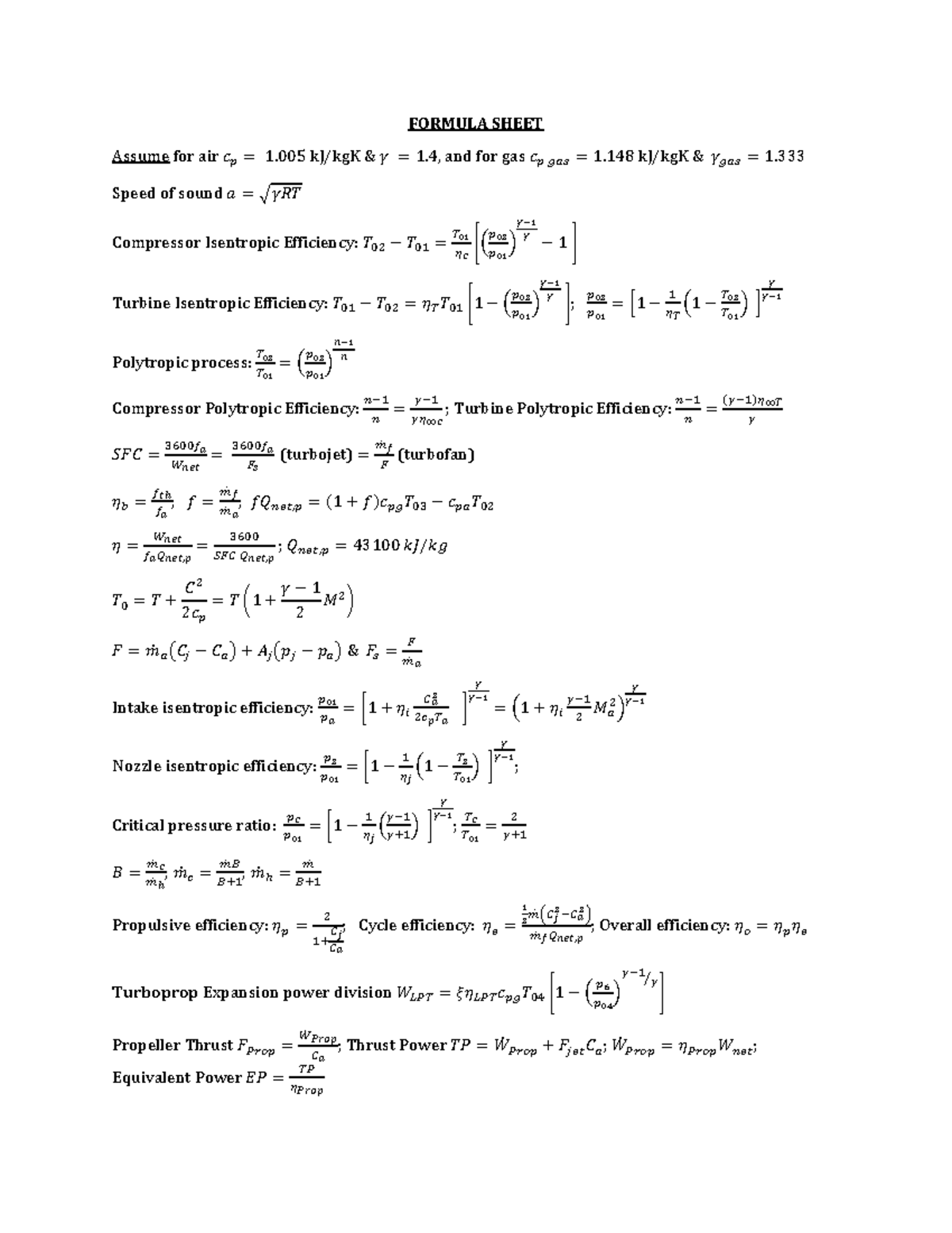 FORMULA SHEET - FINAL - FORMULA SHEET Assume for air 𝑐𝑝= 1. 005 kJ/kgK ...