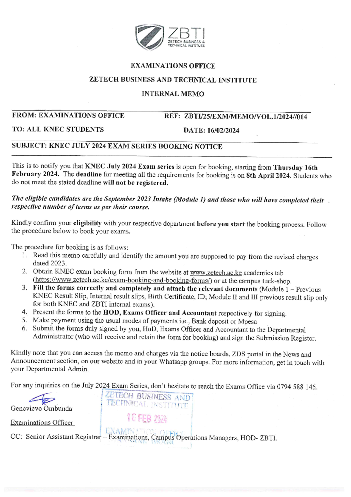 KNEC JULY 2024 EXAM Booking Notice - ZBTI ZETECH BUSINESS TECHNICAL ...