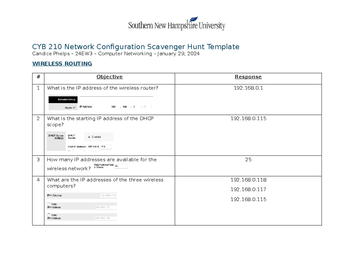 CYB 210 - Candice Phelps - Network Configuration Scavenger Hunt Template - CYB 210 Network - Studocu