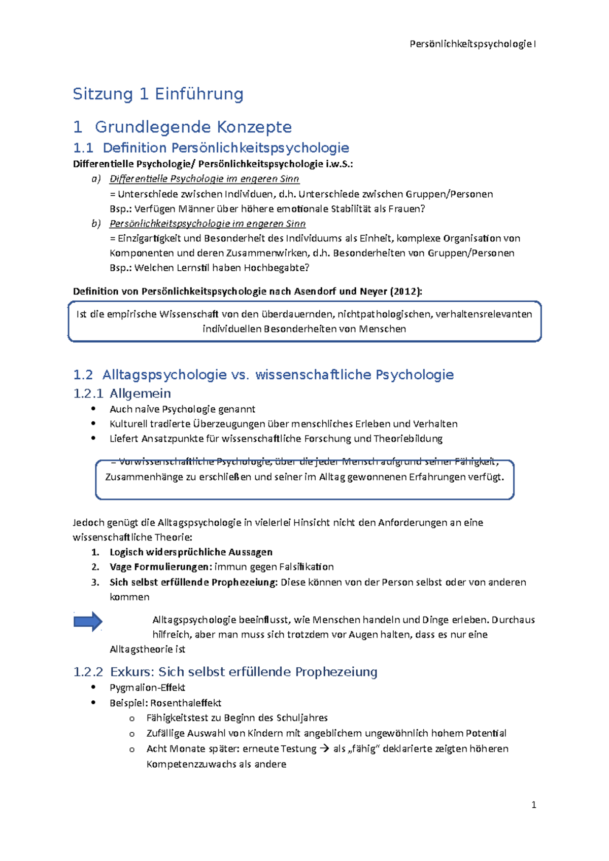Sitzung 1 Einführung - w.: a) Differentielle Psychologie im engeren ...